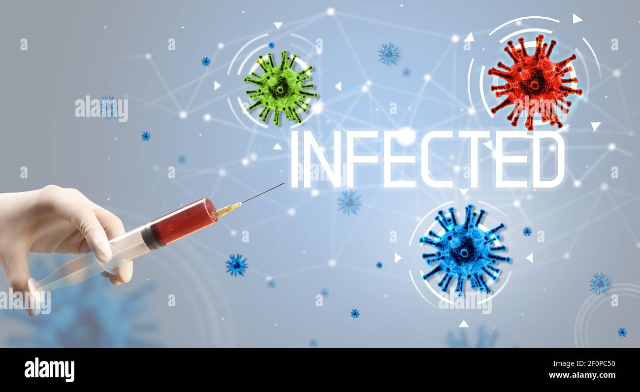 Syringe, medical injection in hand with INFECTED inscription ...