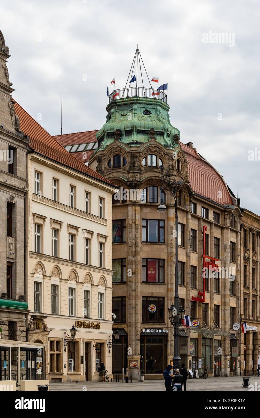 Wroclaw, Poland - May 03 2020: Old tenement building with Polish flags ...