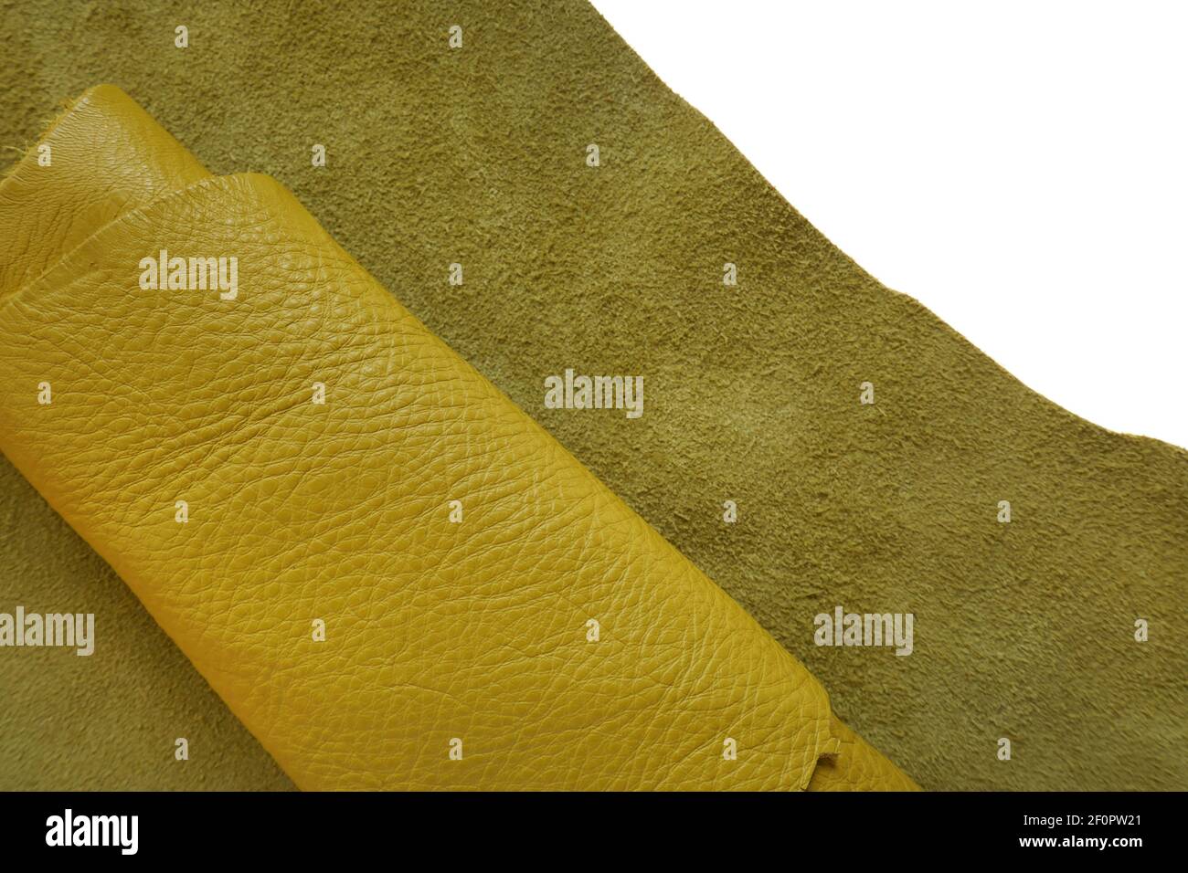 Genuine leather piece isolated on white background.Yellow genuine ...