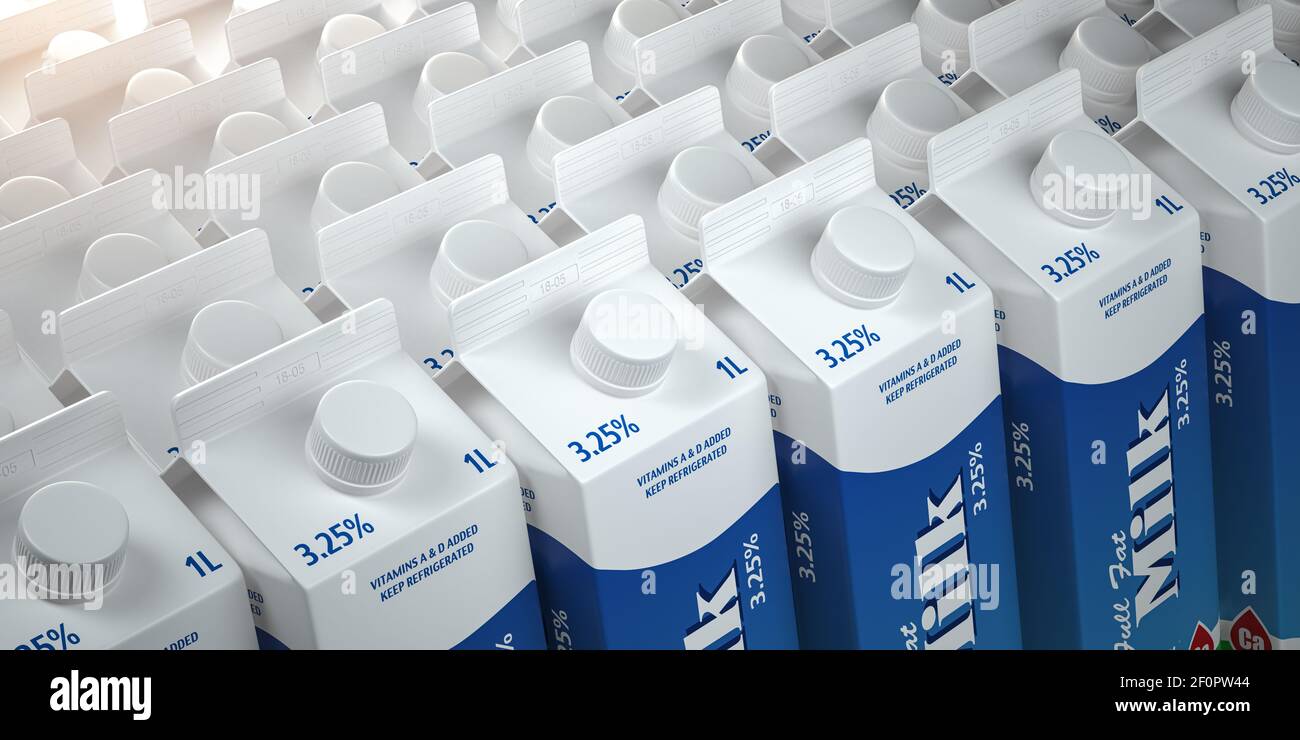 Many white boxes or packs of mil in a row. 3d illustration Stock Photo ...