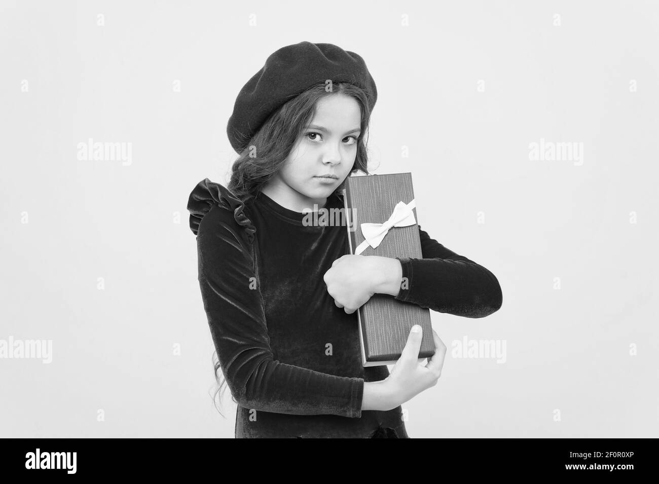 greedy girl hold gift box purchase after successful shopping sale ...