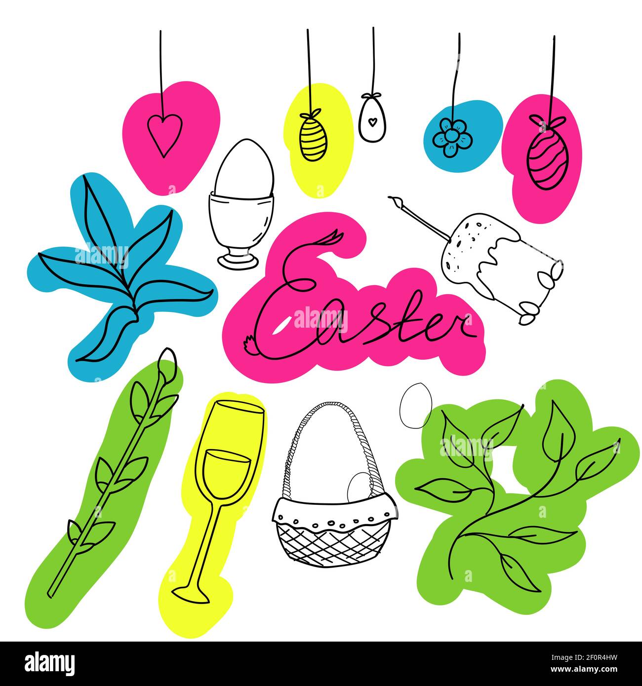 set of doodle easter hand drawing elements outline with color spots ...