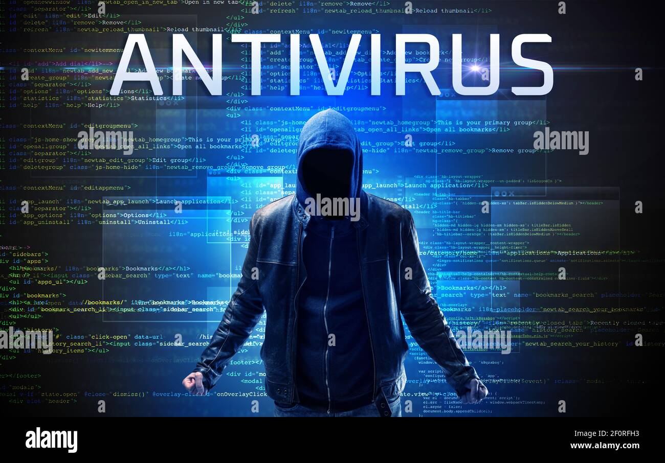 Faceless hacker with ANTIVIRUS inscription on a binary code background ...