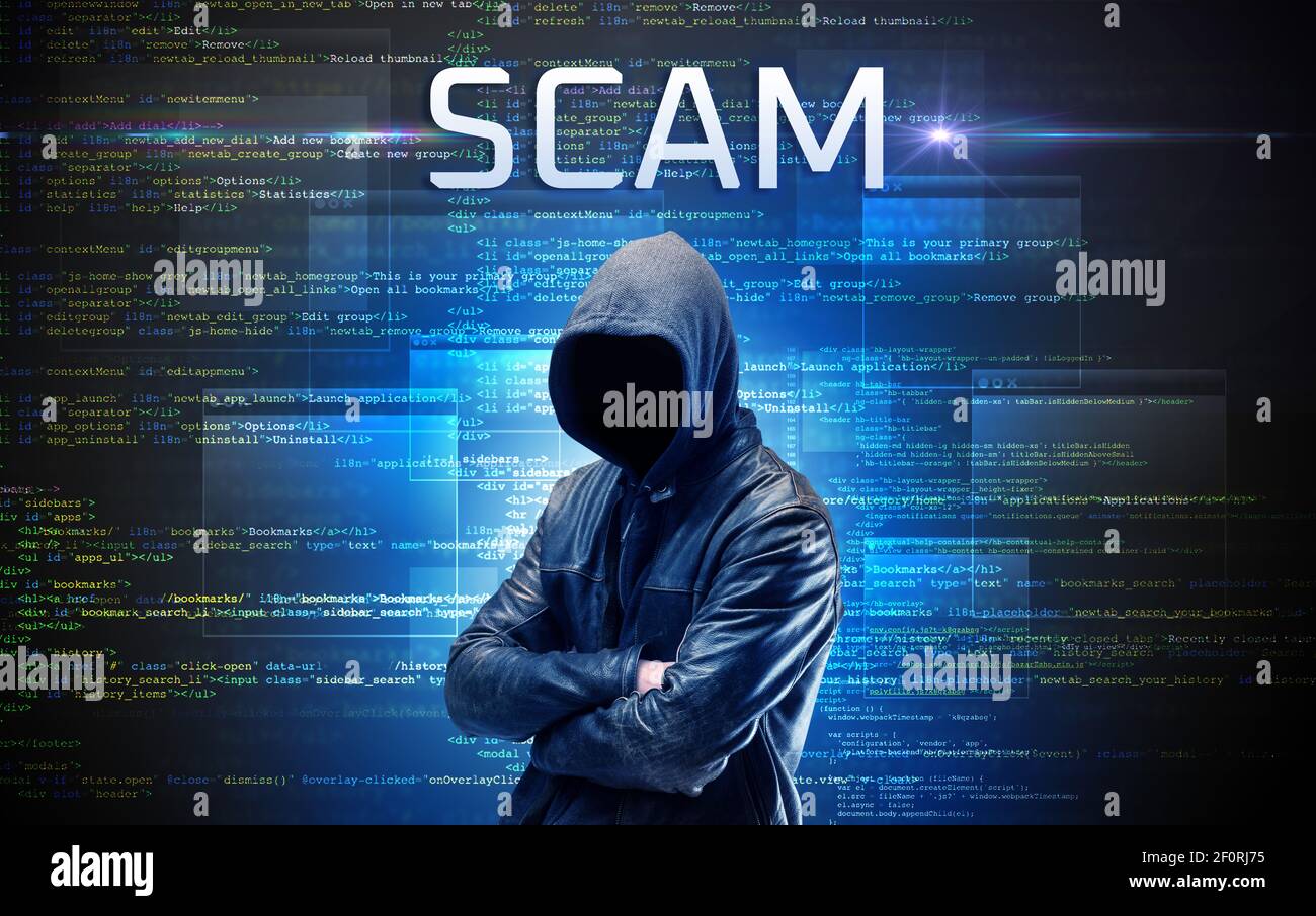 Faceless hacker with SCAM inscription on a binary code background Stock ...
