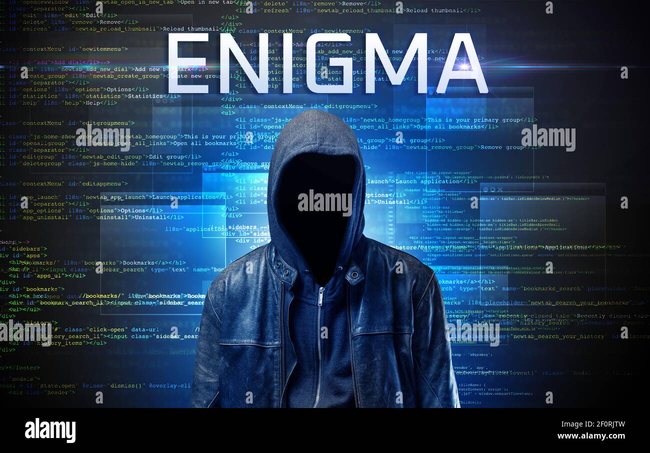 Faceless hacker with ENIGMA inscription on a binary code background ...