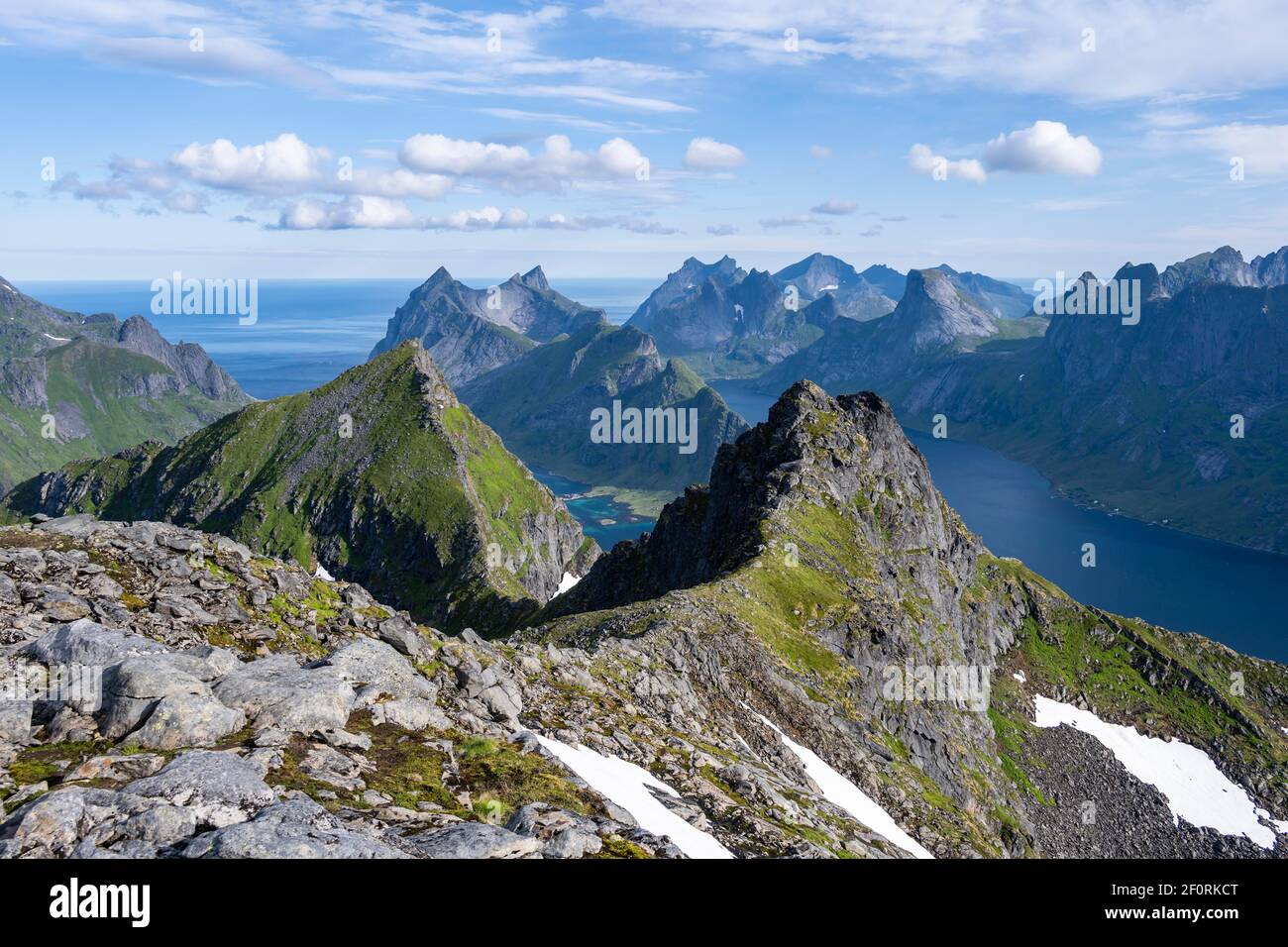 Mountain landscape with fjord Kjerkfjorden, view from the top of Munken ...
