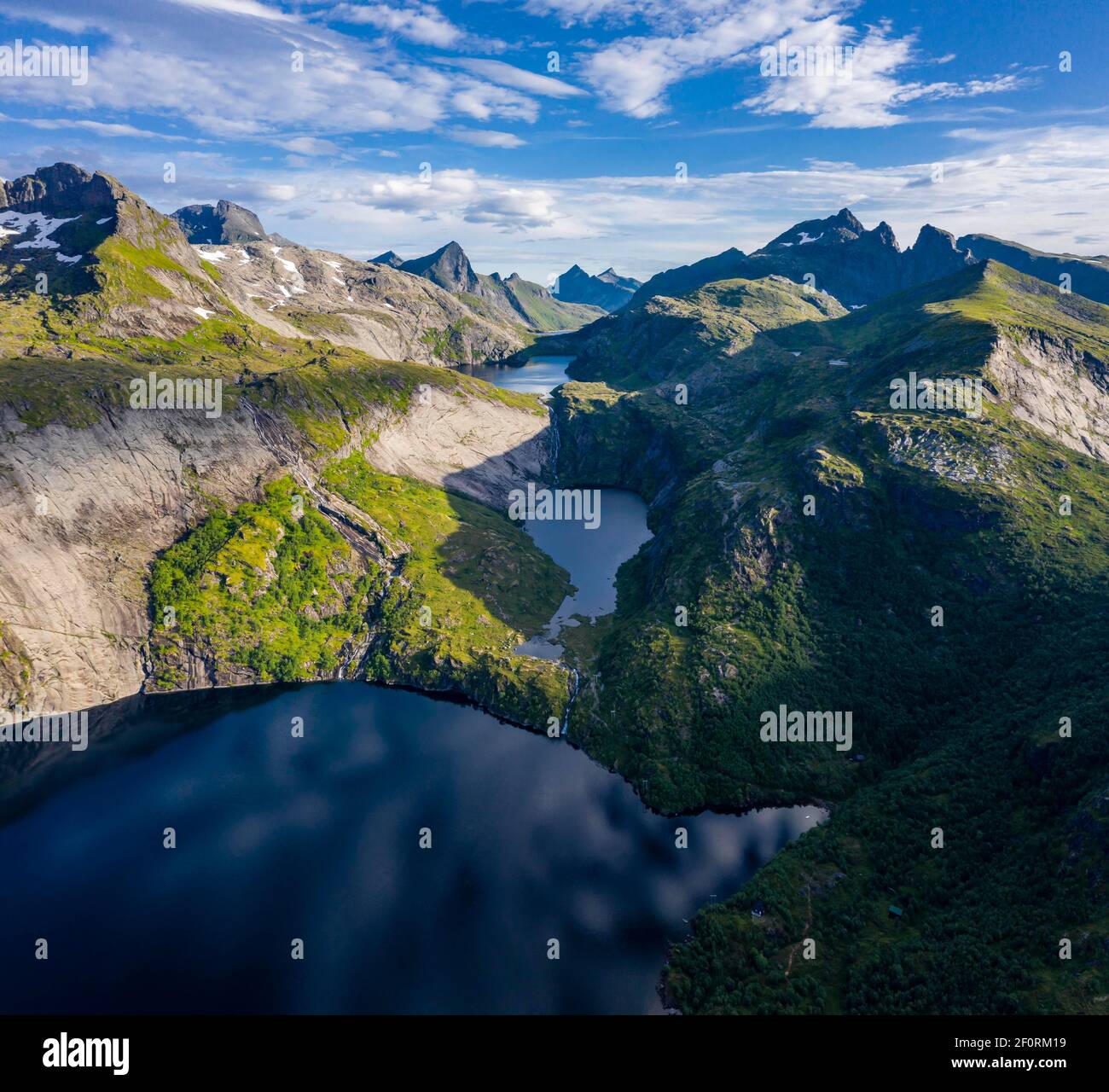 Aerial view, mountain landscape, lakes and mountains, Moskenes ...