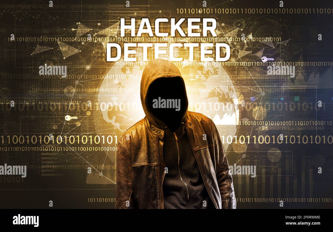 Faceless hacker at work with HACKER DETECTED inscription, Computer ...