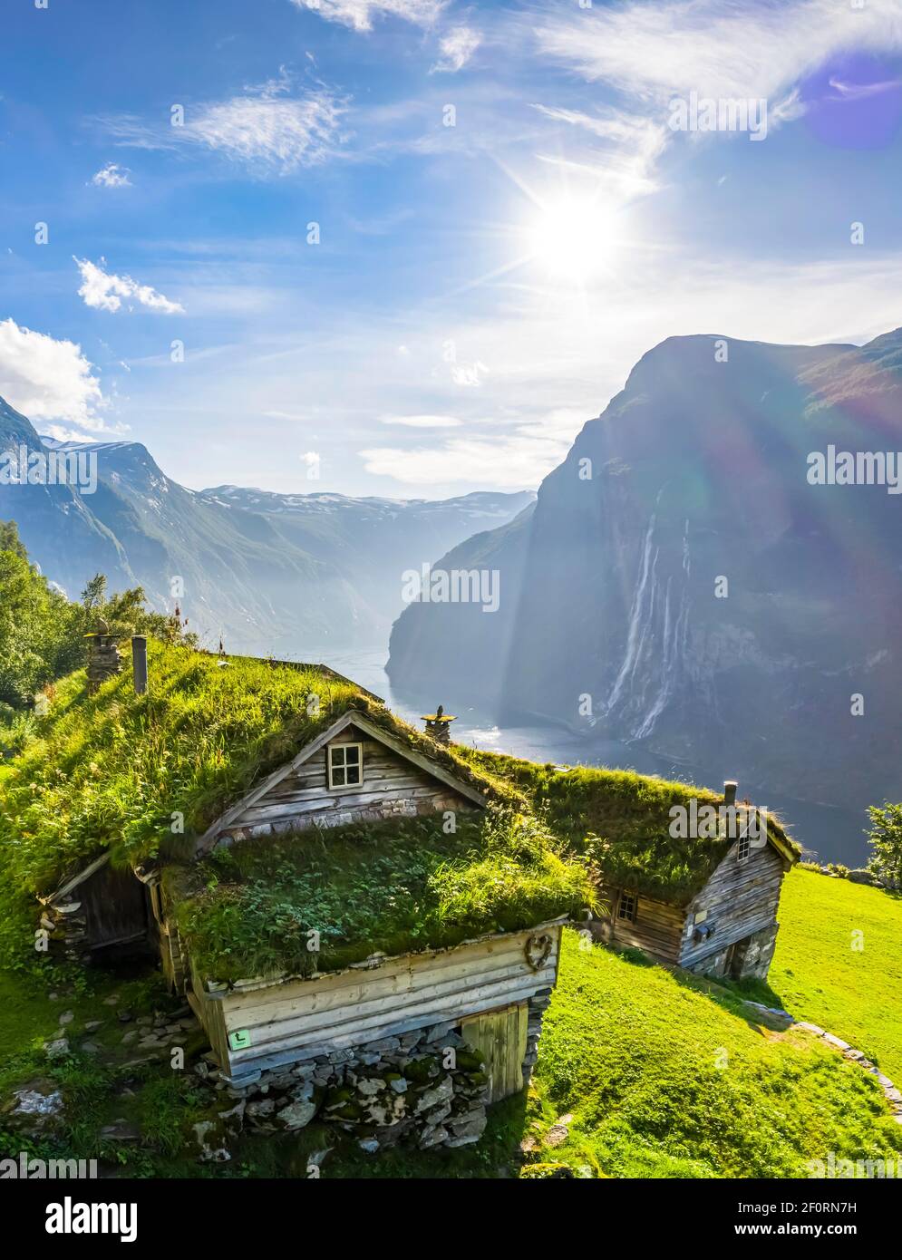 Skagefla, historic mountain farm on steep mountainside, Geirangerfjord ...