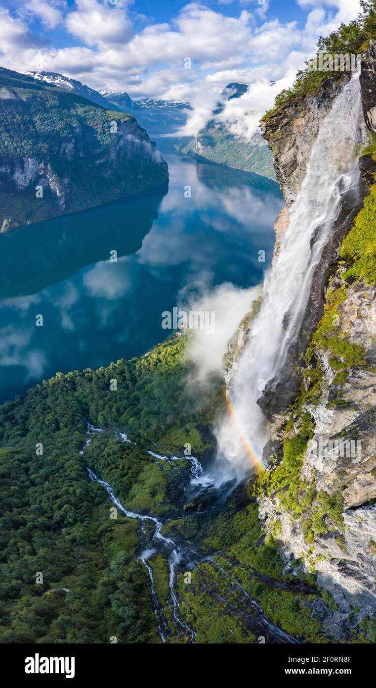 Waterfall Gjerdefossen with rainbow, at Ornesvingen viewpoint ...