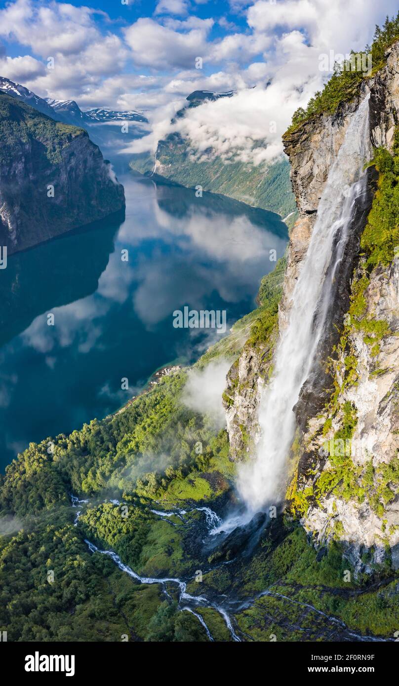 Waterfall Gjerdefossen, at Ornesvingen viewpoint, Geirangerfjord, near ...