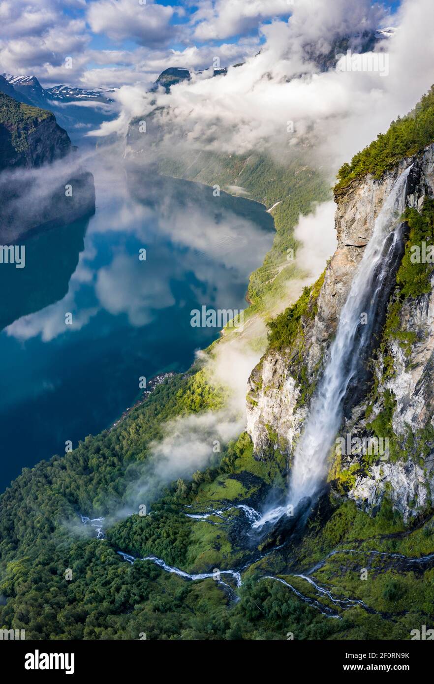 Waterfall Gjerdefossen, at Ornesvingen viewpoint, Geirangerfjord, near ...