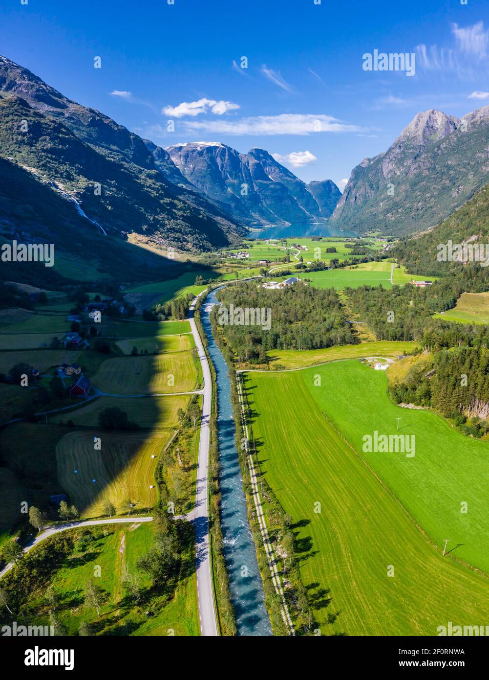 Aerial view, mountain valley lake Oldevatnet, Stryn, Vestland, Norway ...