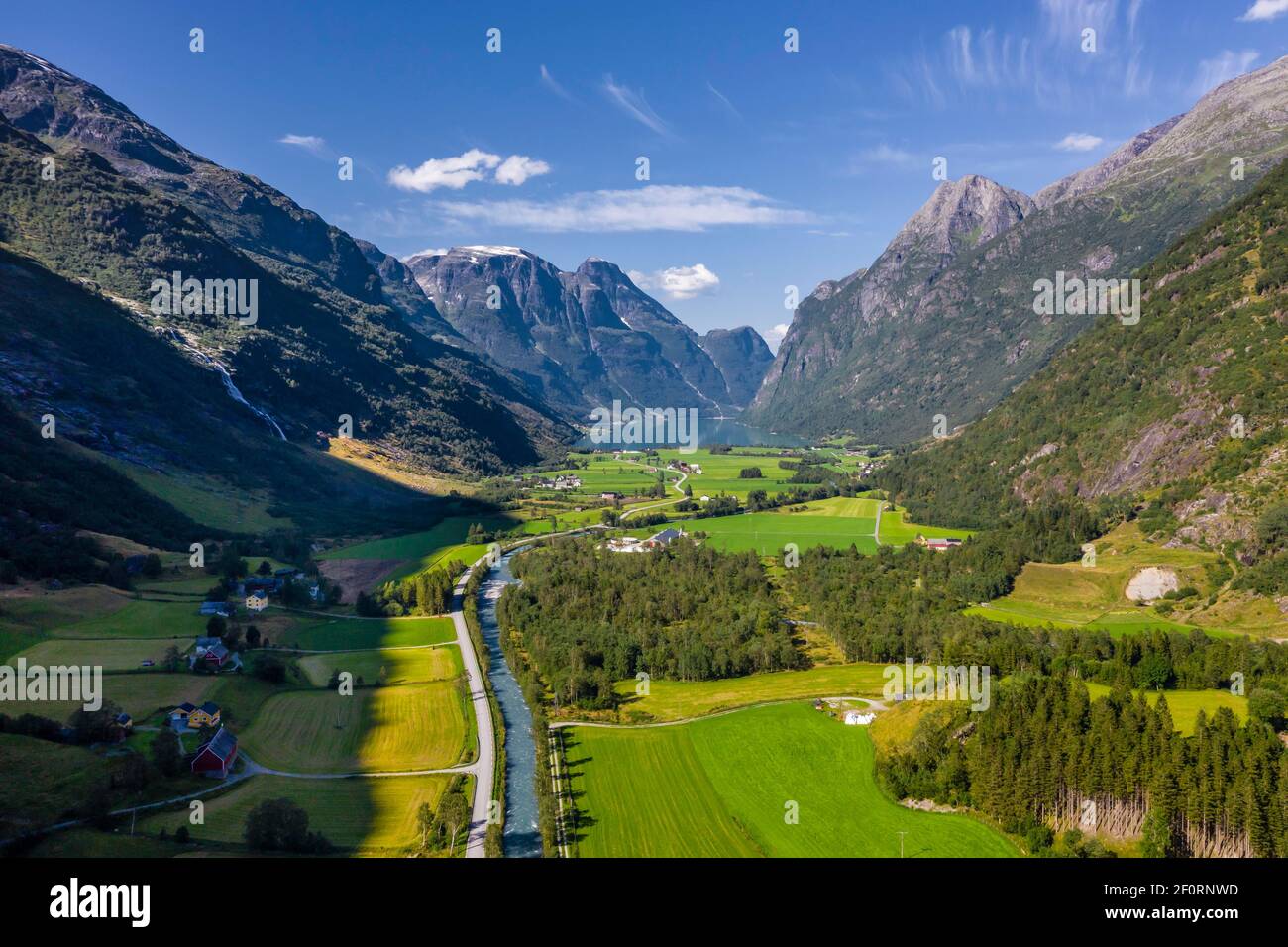 Aerial view, mountain valley lake Oldevatnet, Stryn, Vestland, Norway ...