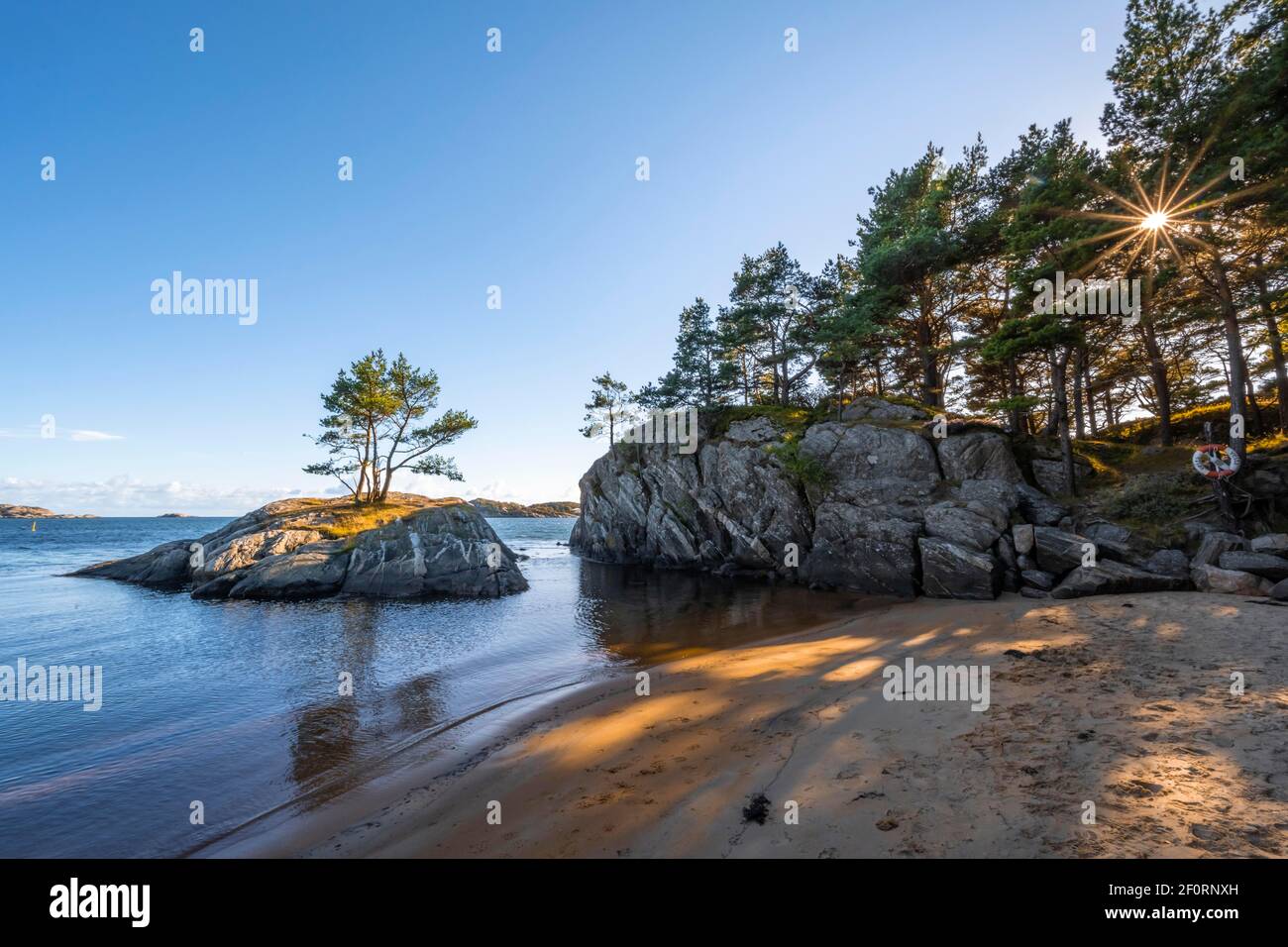Kanelstranda, sun shining through trees, coast in Furulunden nature ...