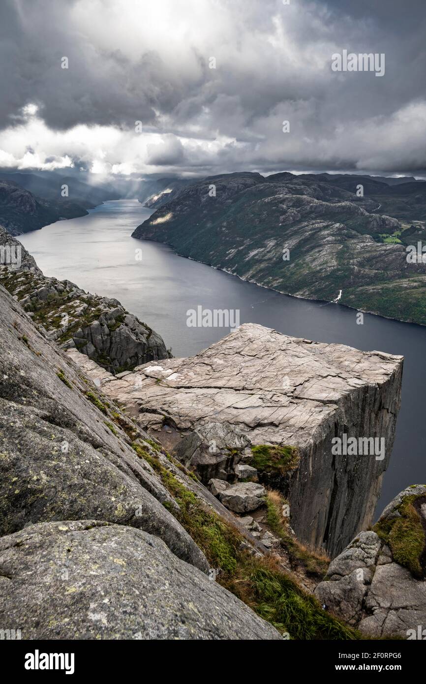Rock plateau, rock pulpit Preikestolen, Lysefjord, Ryfylke, Rogaland ...