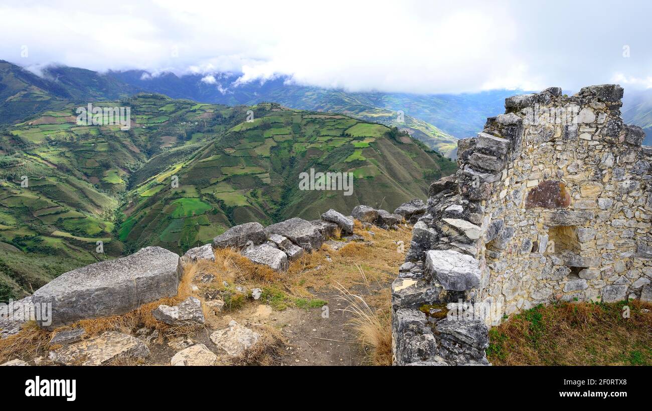 View of cultivated hills from the ruined city of the Chachapoya culture ...