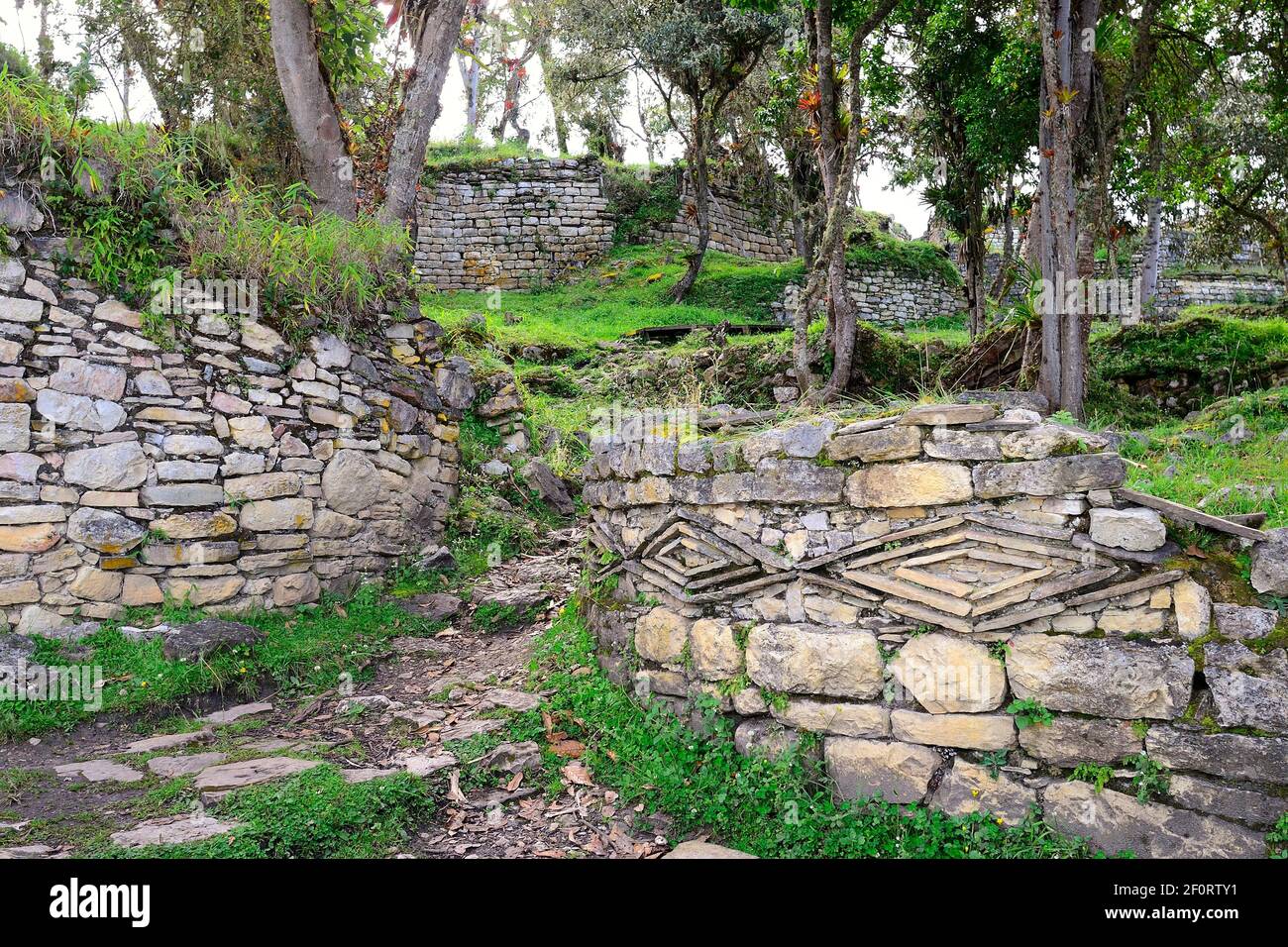 Stone wall with pattern in the ruined city of the Chachapoya culture ...