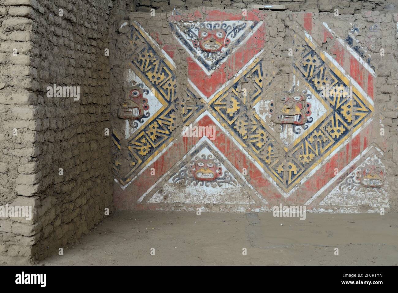 Colourful reliefs of the Moche culture on adobe walls, Huaca de la Luna ...