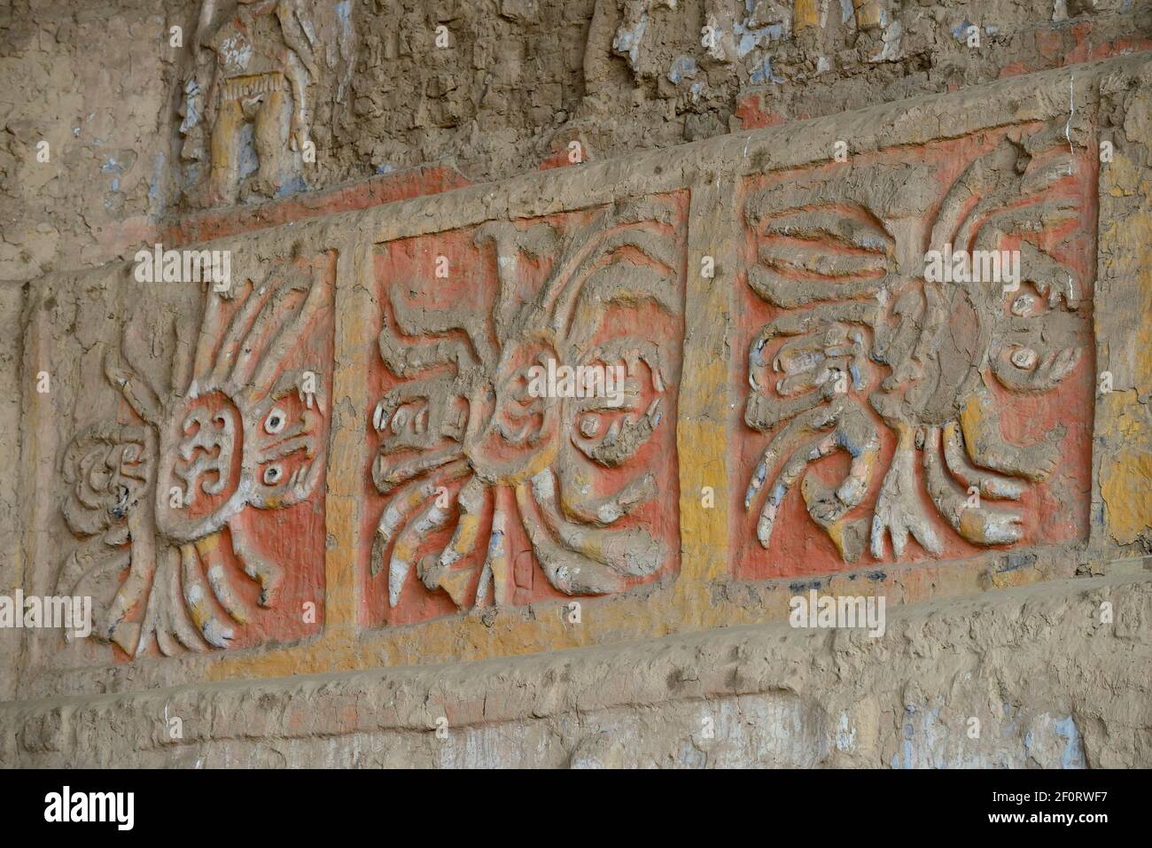 Colourful reliefs of the Moche culture on adobe walls, Huaca de la Luna ...