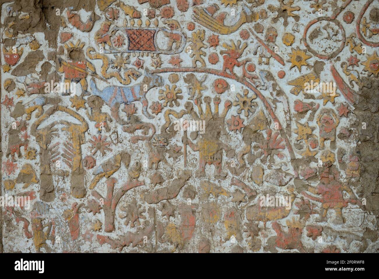 Colourful reliefs of the Moche culture on adobe walls, Huaca de la Luna ...