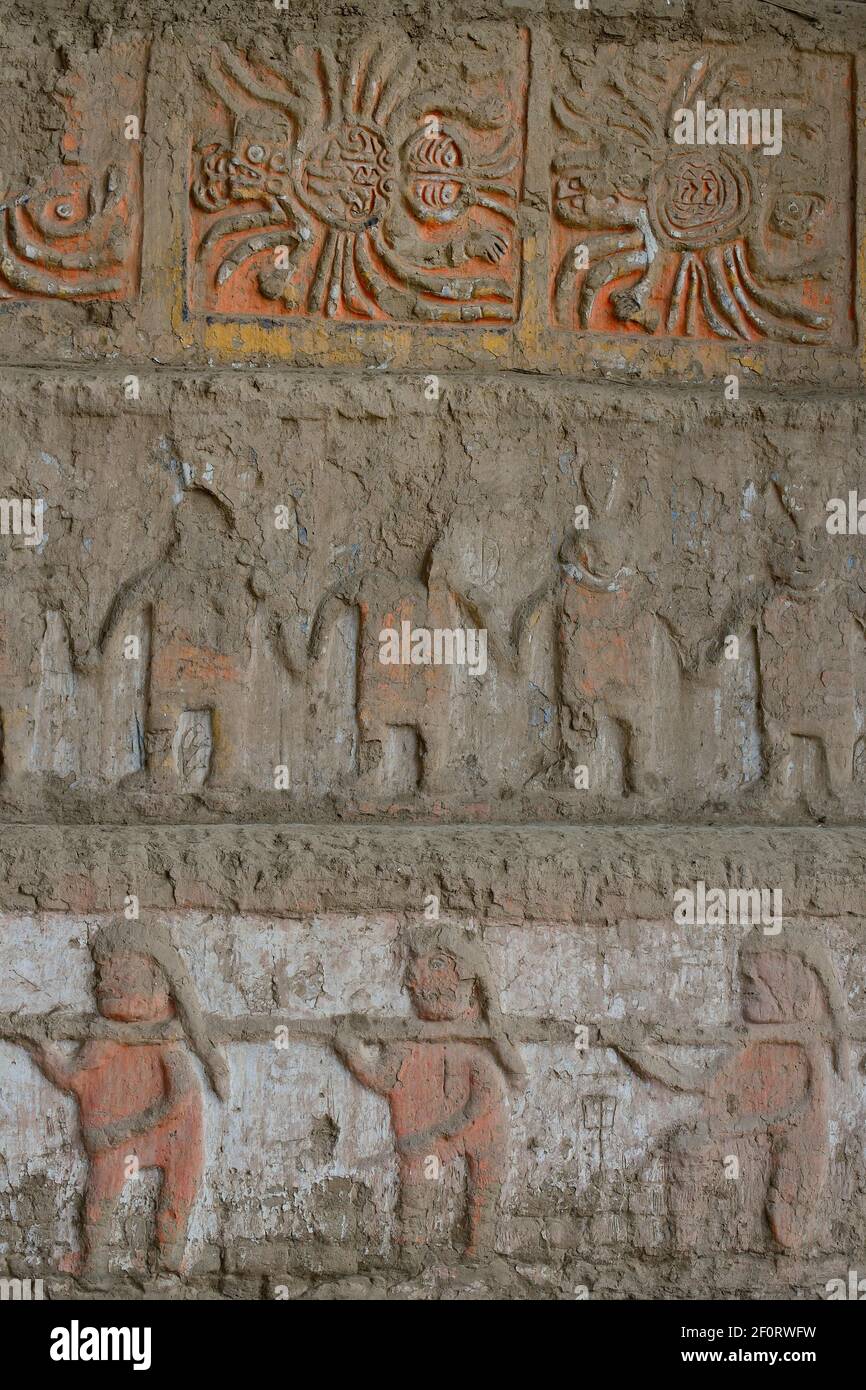 Colourful reliefs of the Moche culture on adobe walls, Huaca de la Luna ...