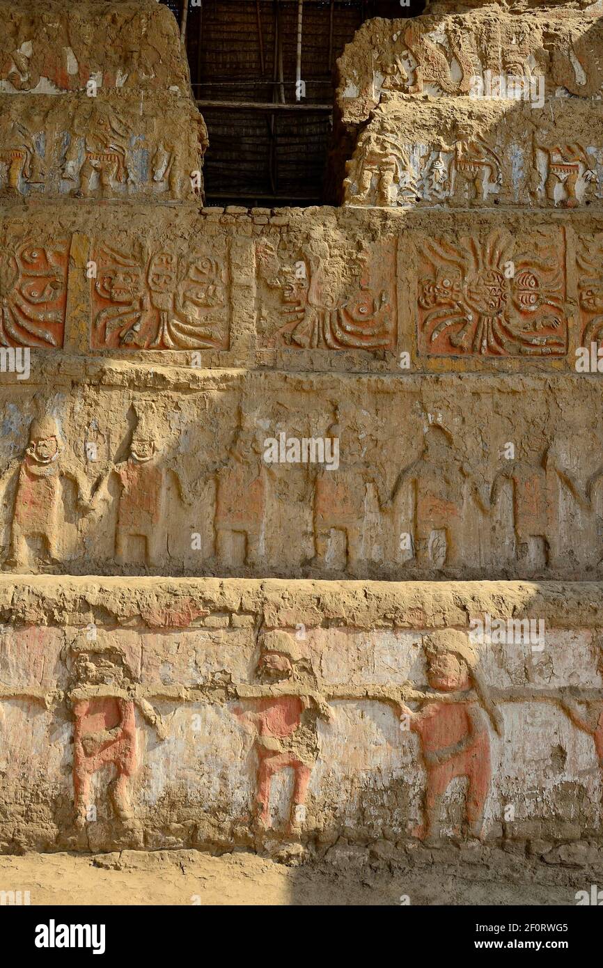 Colourful reliefs of the Moche culture on adobe walls, Huaca de la Luna ...