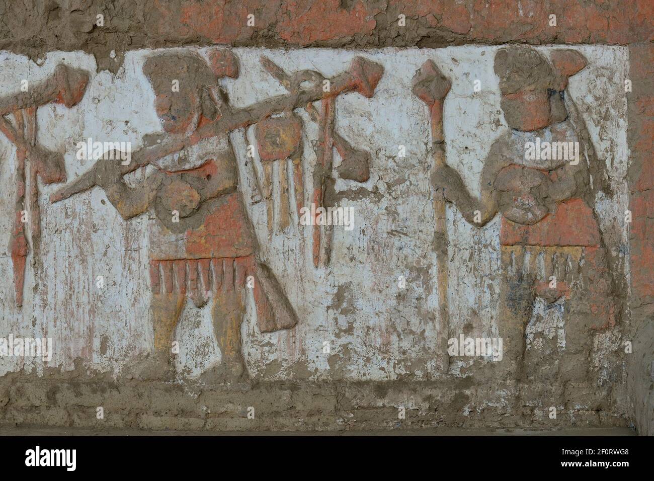 Colourful reliefs of the Moche culture on adobe walls, Huaca de la Luna ...