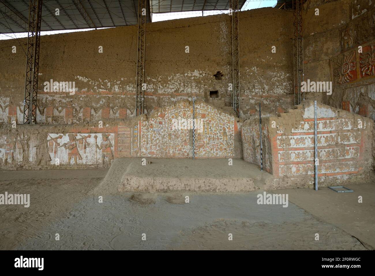 Colourful reliefs of the Moche culture on adobe walls, Huaca de la Luna ...