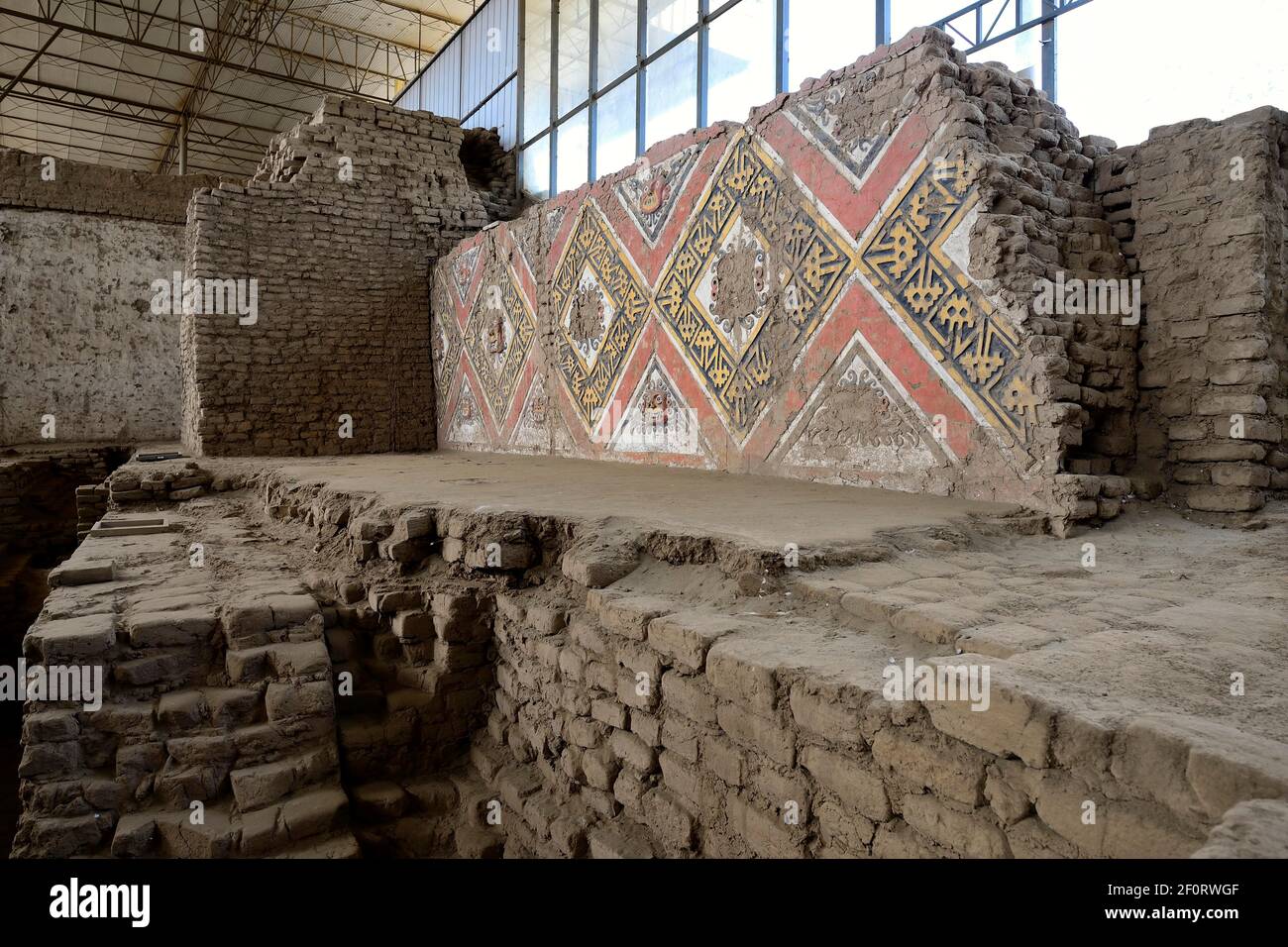 Colourful reliefs of the Moche culture on adobe walls, Huaca de la Luna ...