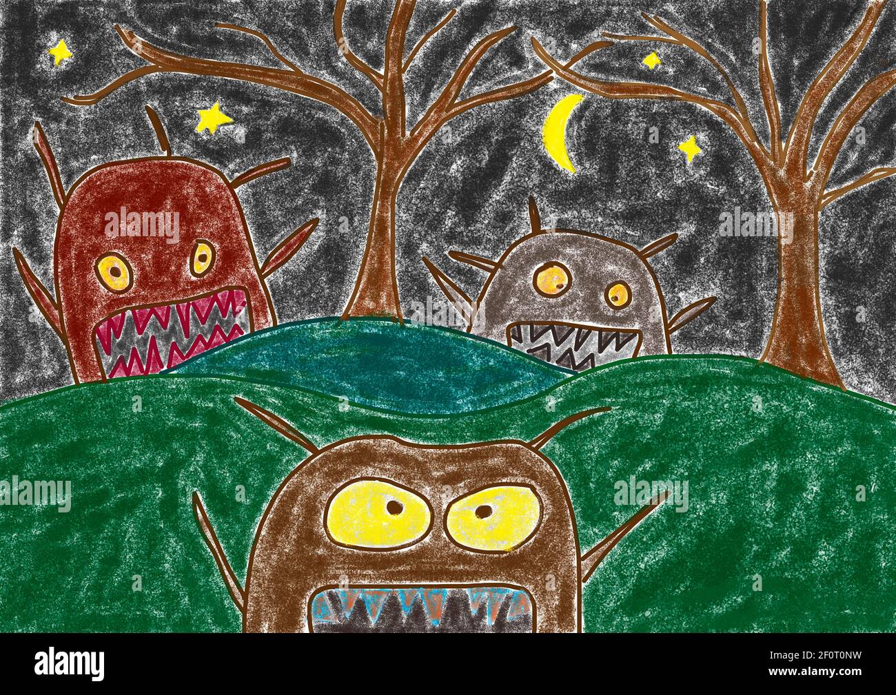Naive illustration, children drawing, forest ghosts Stock Photo - Alamy
