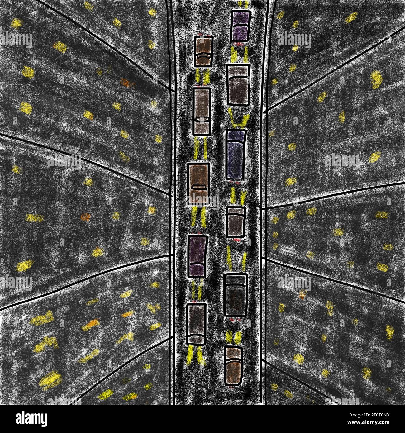 Naive illustration, children drawing, house ravine at night with street ...