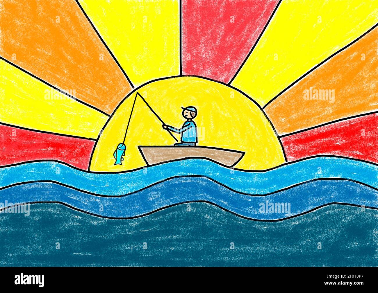 Naive illustration, child drawing, fisherman in boat at sunset by the ...