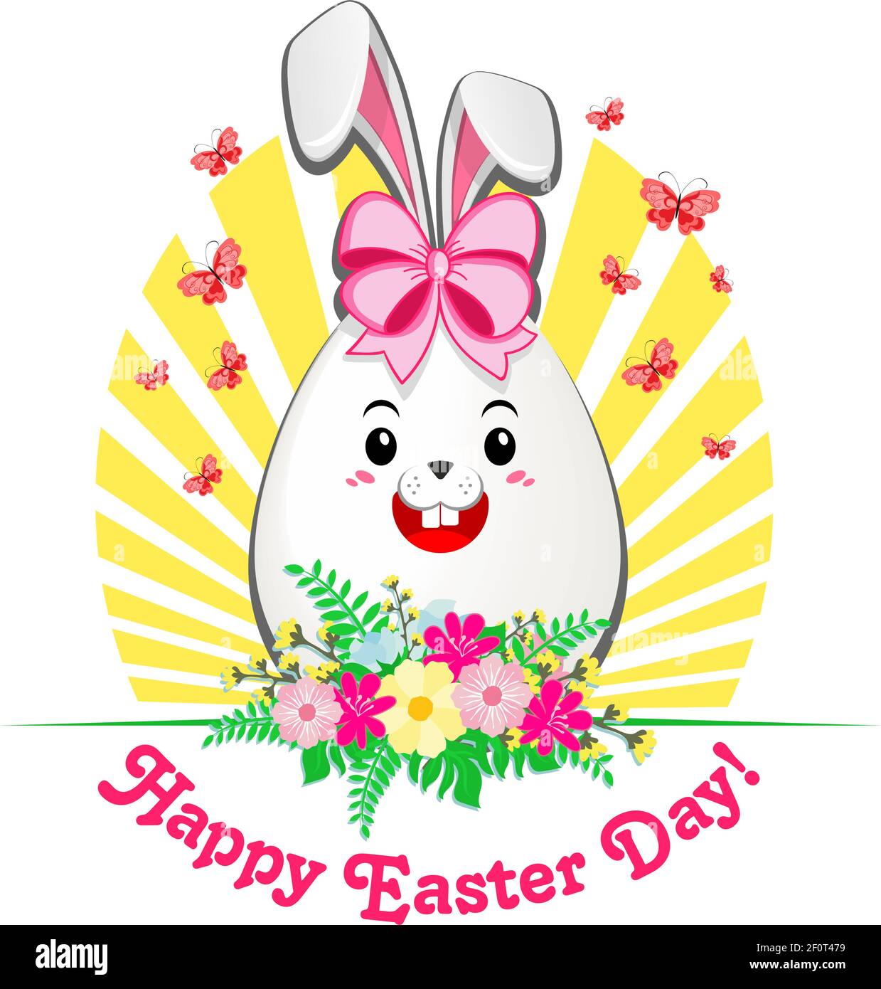 Easter card with a funny rabbit in the shape of an egg, butterflies and ...