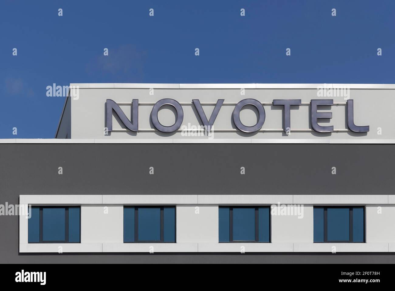 Novotel Duesseldorf Airport, logo on building, mid-range hotel ...