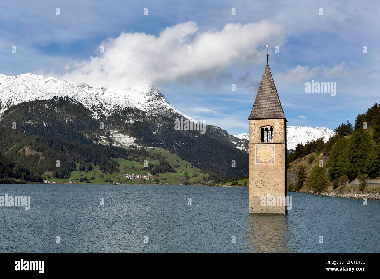Tower of the parish church of St. Catherine in the Reschensee ...