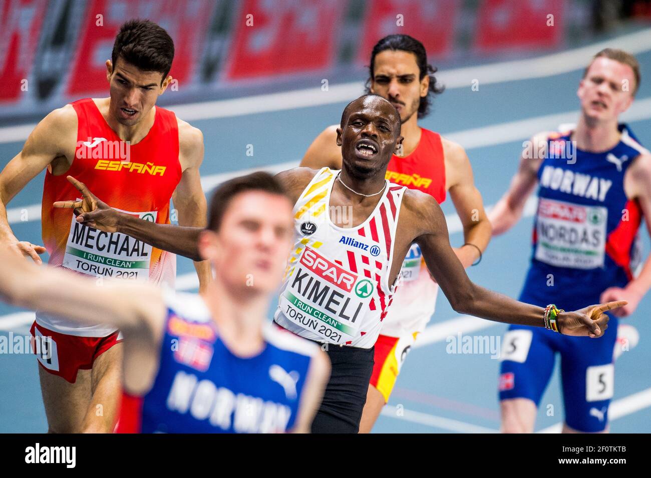 Belgian athlete Isaac Kimeli celebrates during the men 3000m final at ...