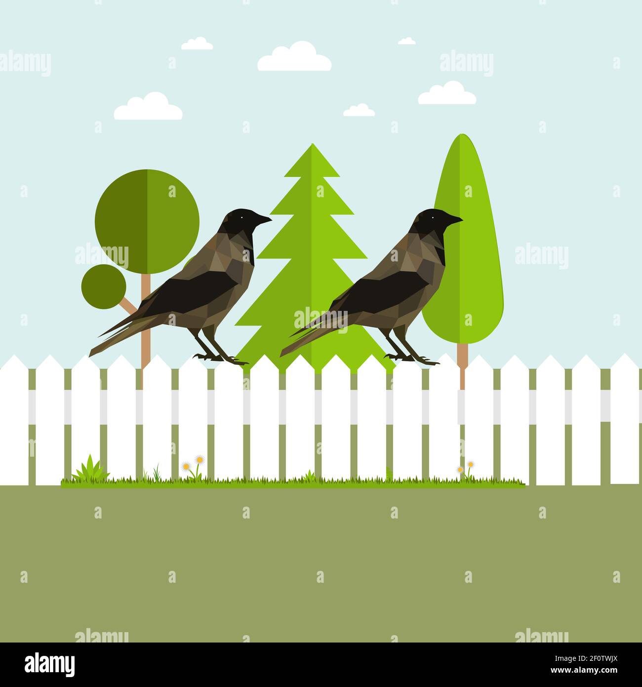 Two crows sitting on the fence are plotting to hurt someone Stock Photo ...