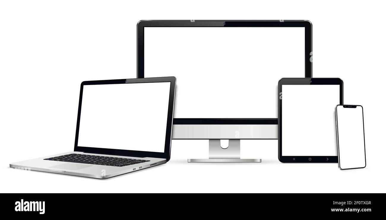 Realistic device set: pc monitor, laptop, tablet and phone template ...