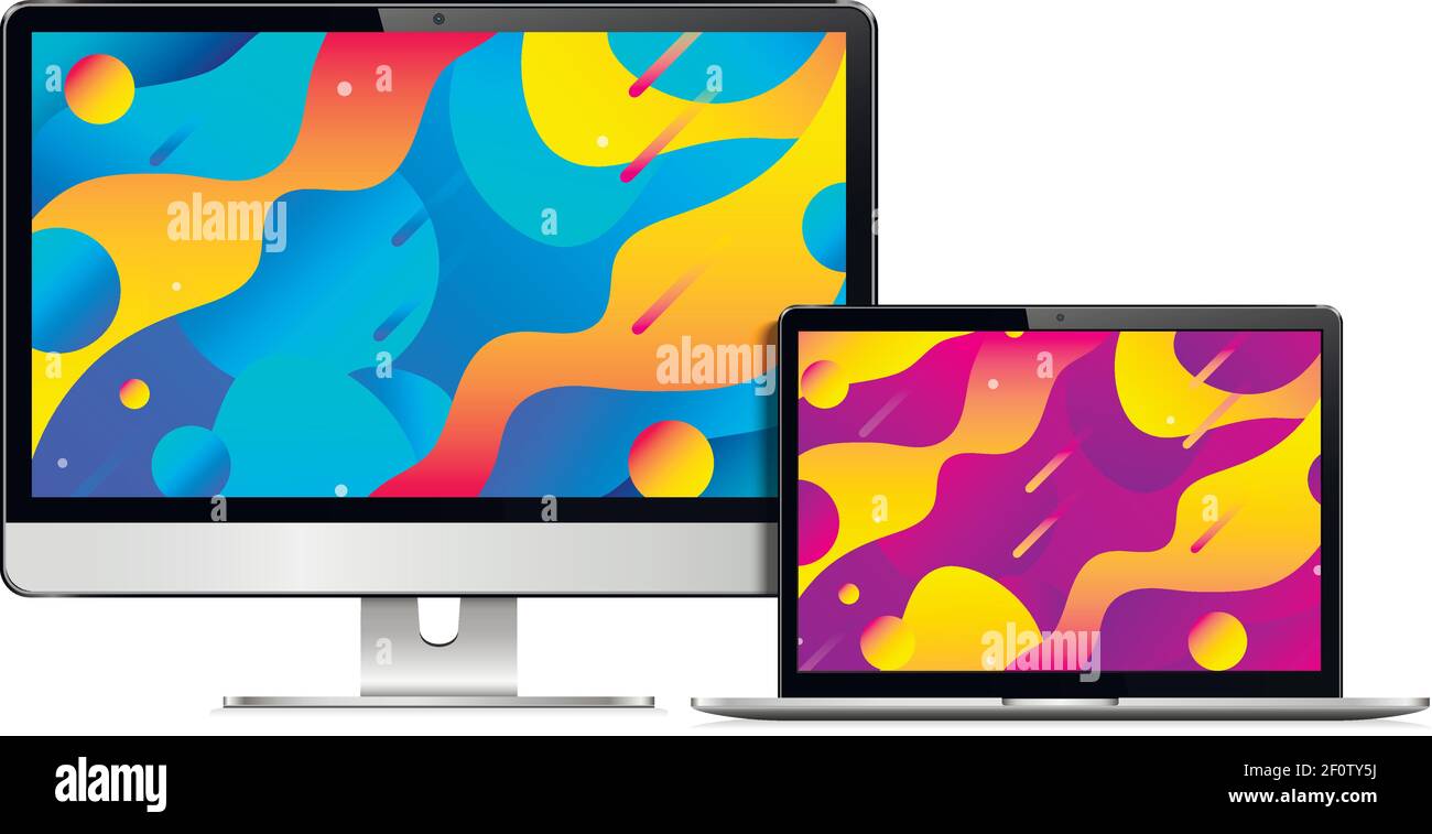 Realistic computer screen and laptop with color gradient background ...