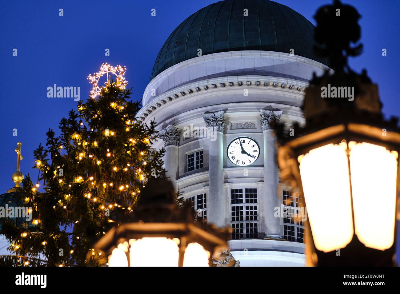 Old Clock on the Dome of Helsinki Cathedral, Finland. In the foreground ...