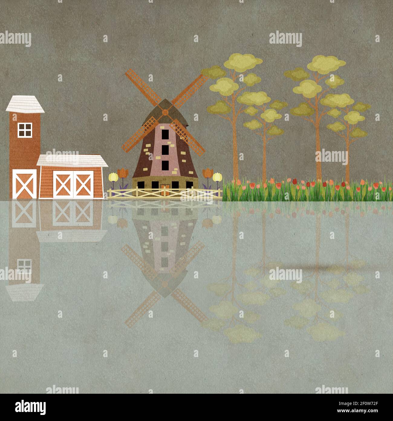 Vector digital illustration of an agricultural landscape with a flour ...