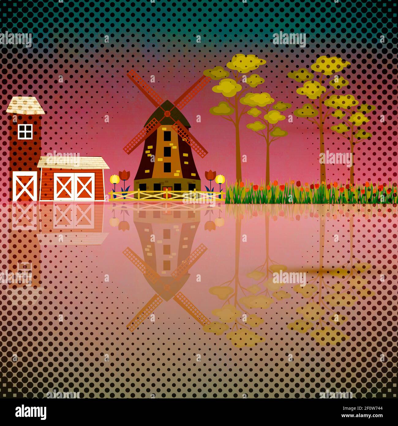 Vector digital illustration of an agricultural landscape with a flour ...