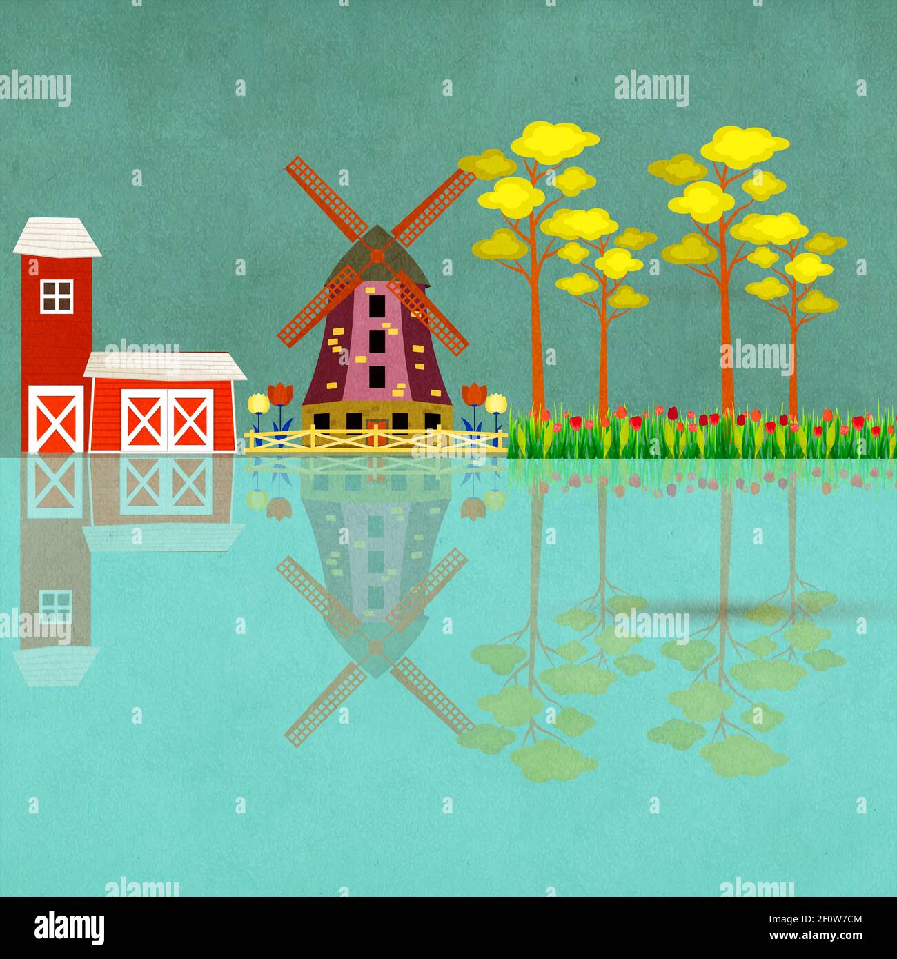 Vector digital illustration of an agricultural landscape with a flour ...