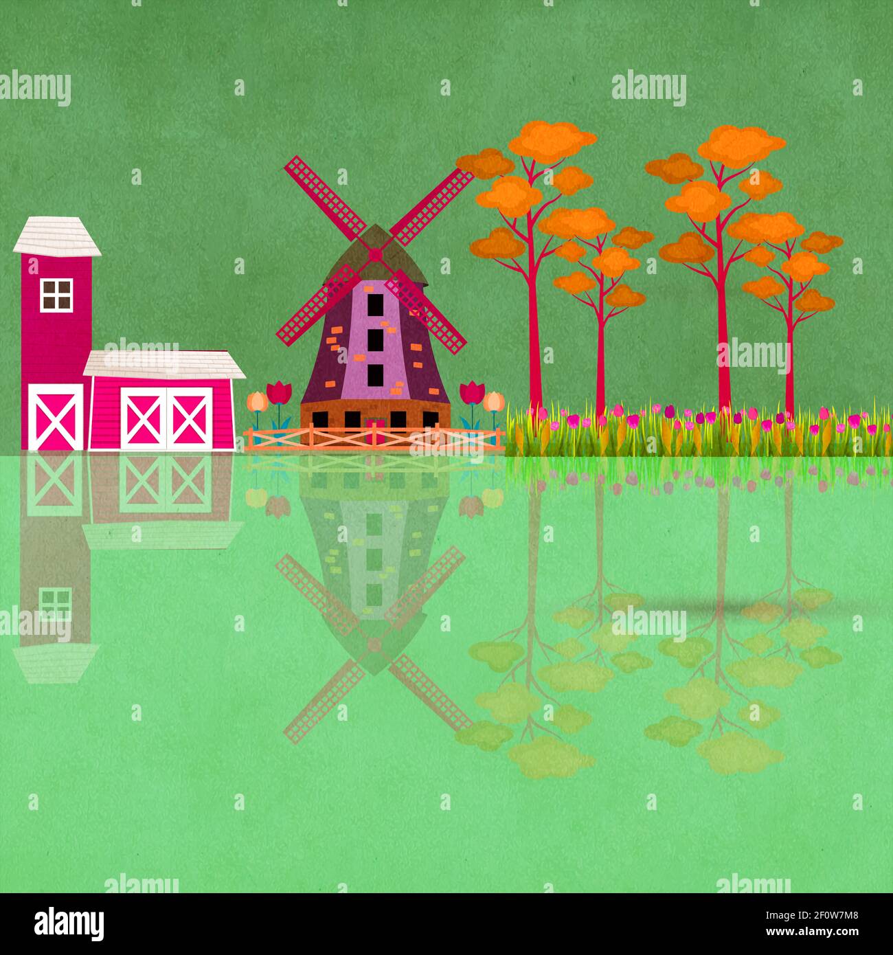 Vector digital illustration of an agricultural landscape with a flour ...