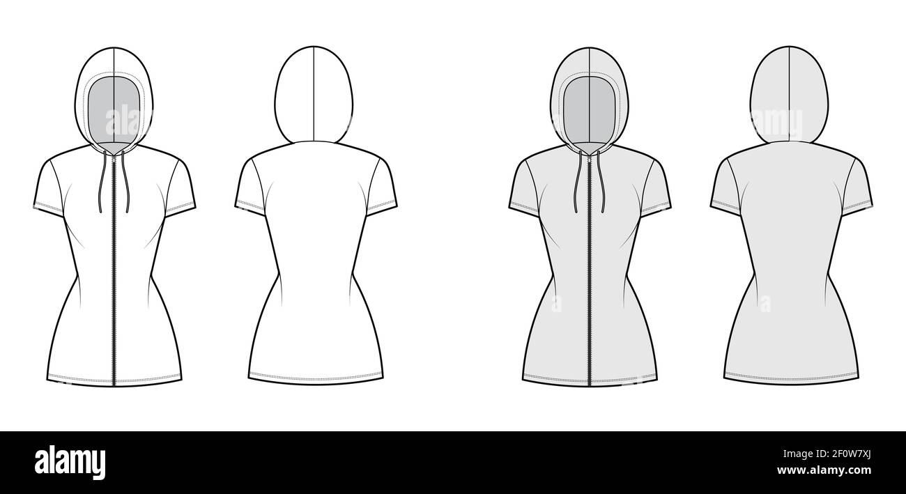 Zip-up Hoody dress technical fashion illustration with short sleeves ...