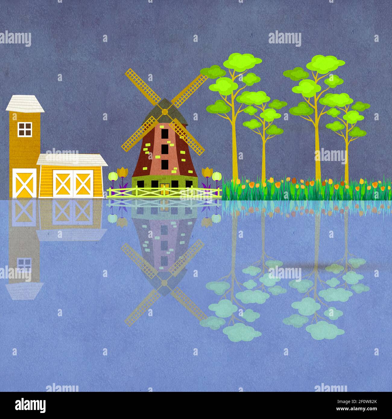 Vector digital illustration of an agricultural landscape with a flour ...