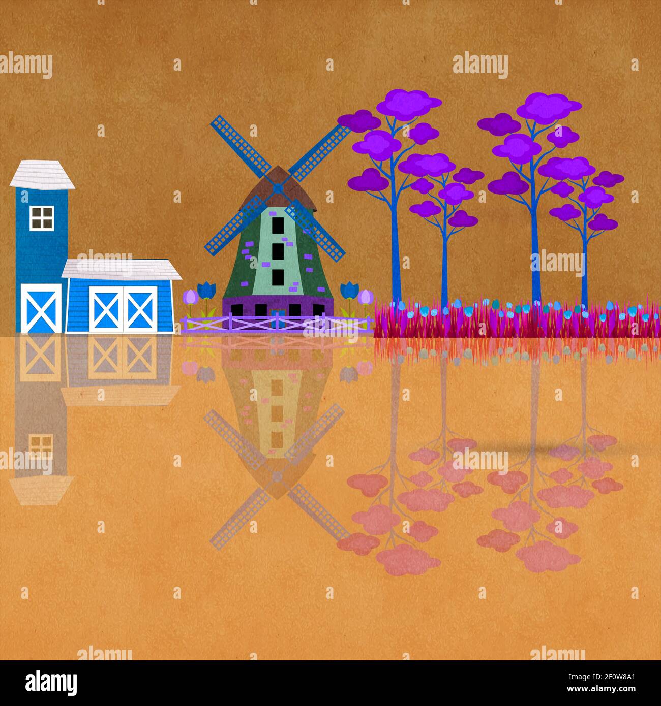 Vector digital illustration of an agricultural landscape with a flour ...
