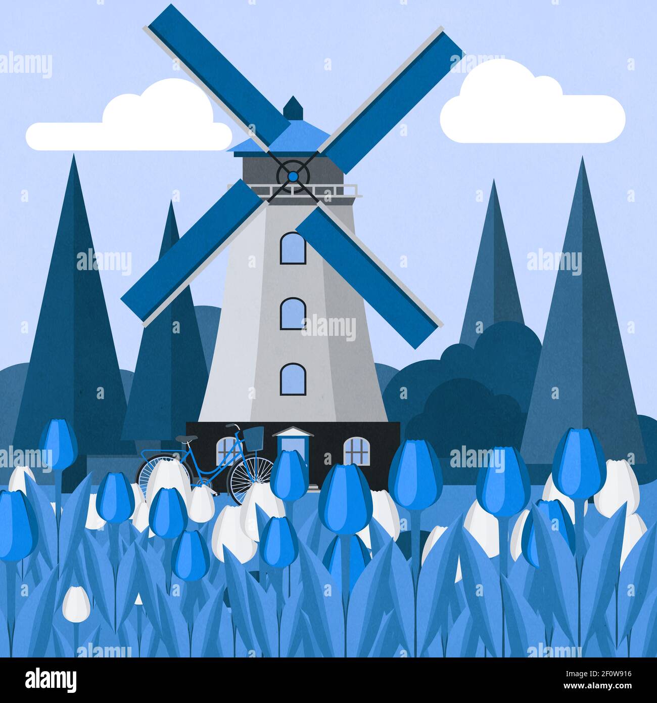 Vector digital illustration of an agricultural landscape with a flour ...
