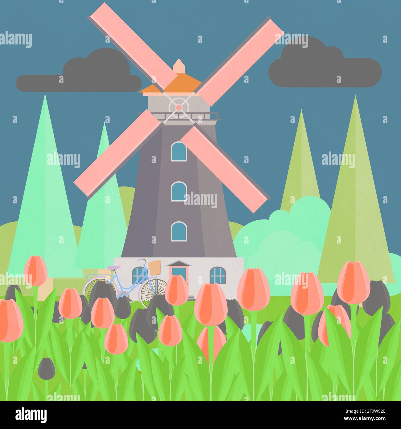 Vector digital illustration of an agricultural landscape with a flour ...